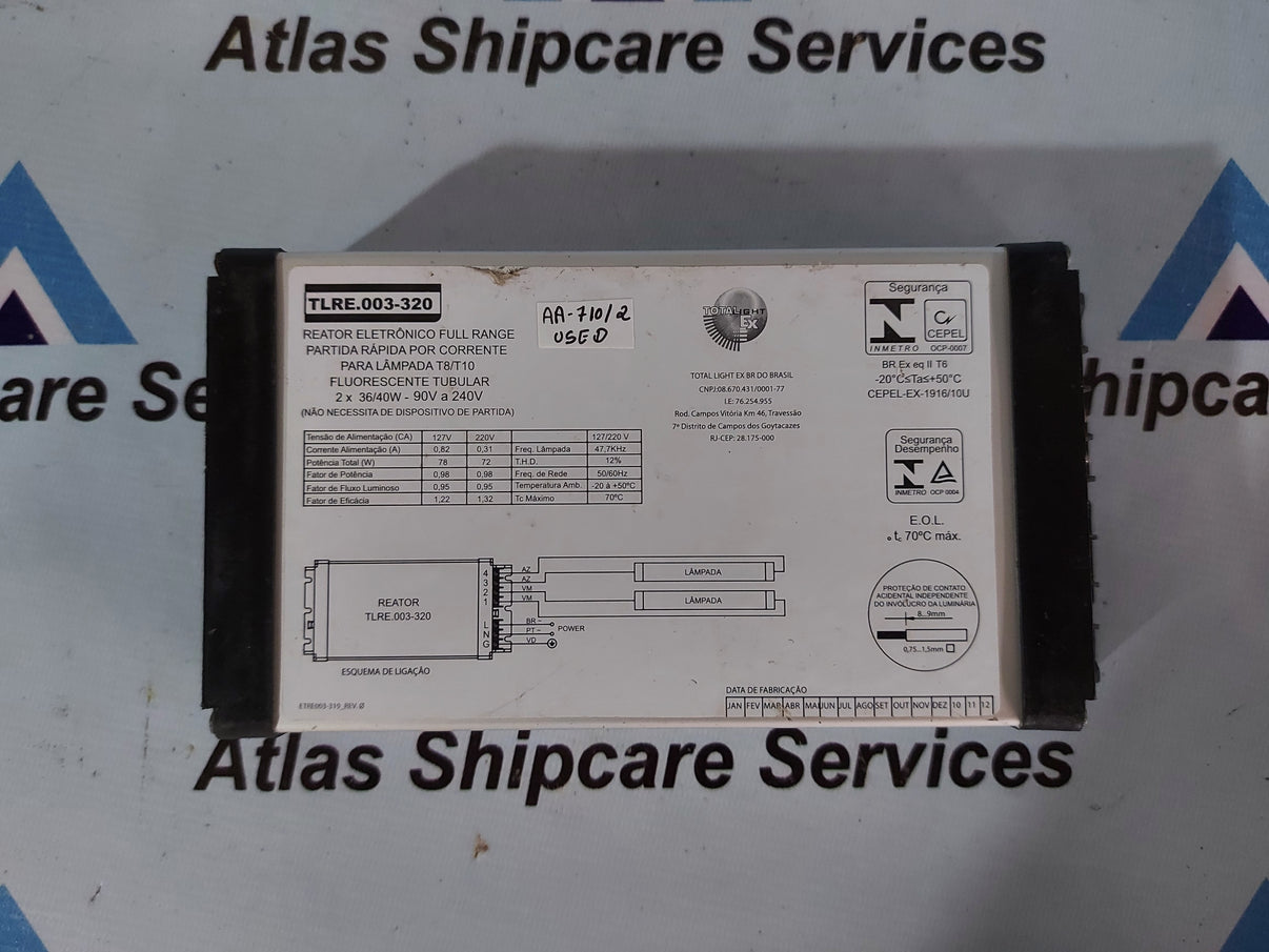 TOTAL LIGHT EX TLRE.003-320 ELECTRONIC BALLAST FOR TUBULAR FLUORESCENT ...